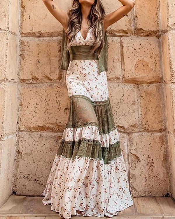 Women Plus Size Lace Patchwork Charming Floral Dress